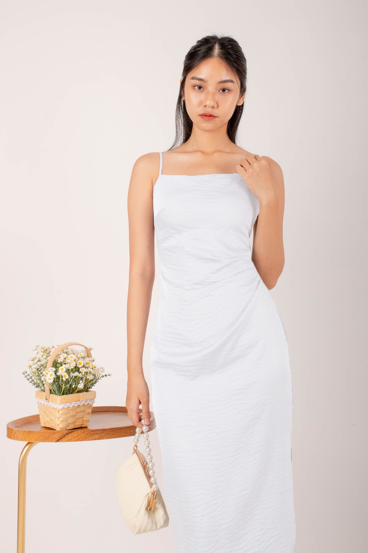 Maggie Side Ruched Midi Dress in White