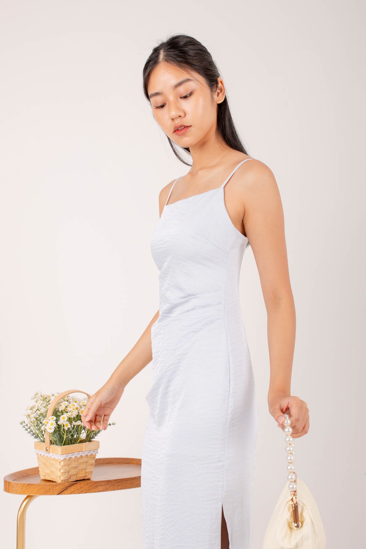 Maggie Side Ruched Midi Dress in White