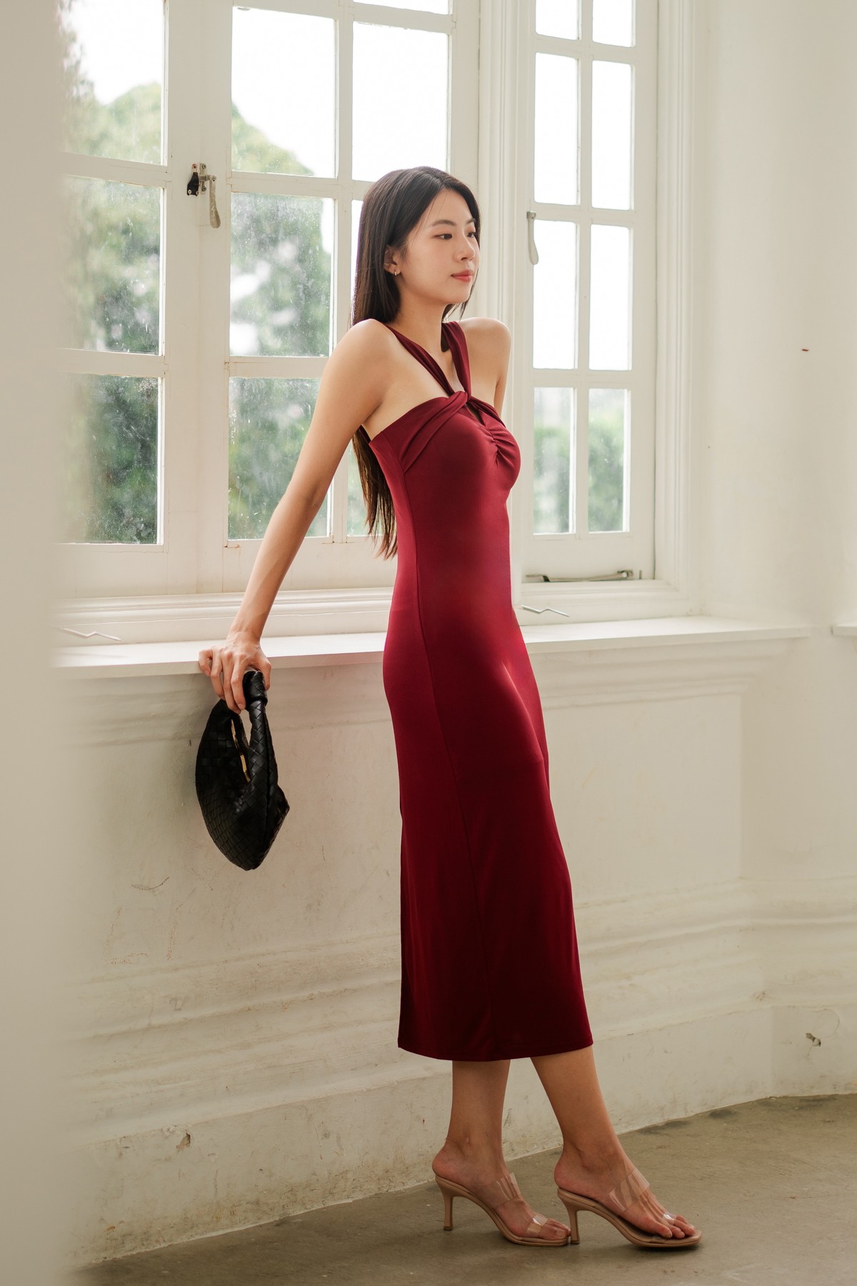 Chrysa Halter Padded Midaxi Dress in Wine