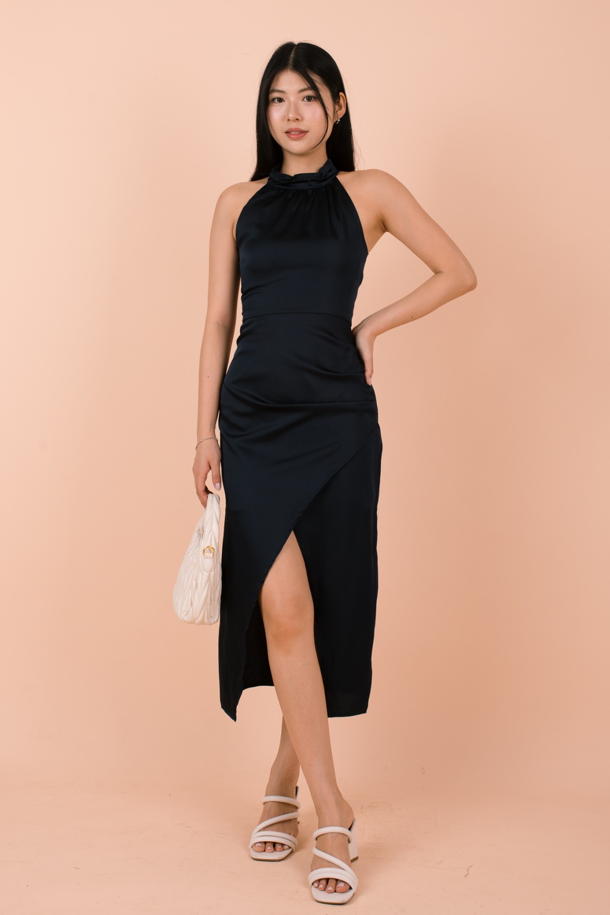 Lunara Halter Slit Satin Dress in Navy
