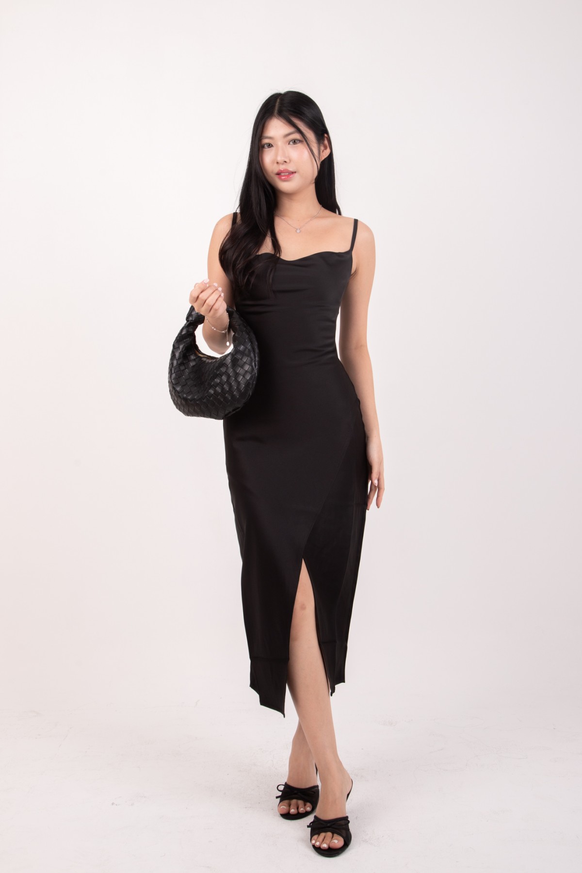 Corine Cowl Neck Front Slit Dress in Black