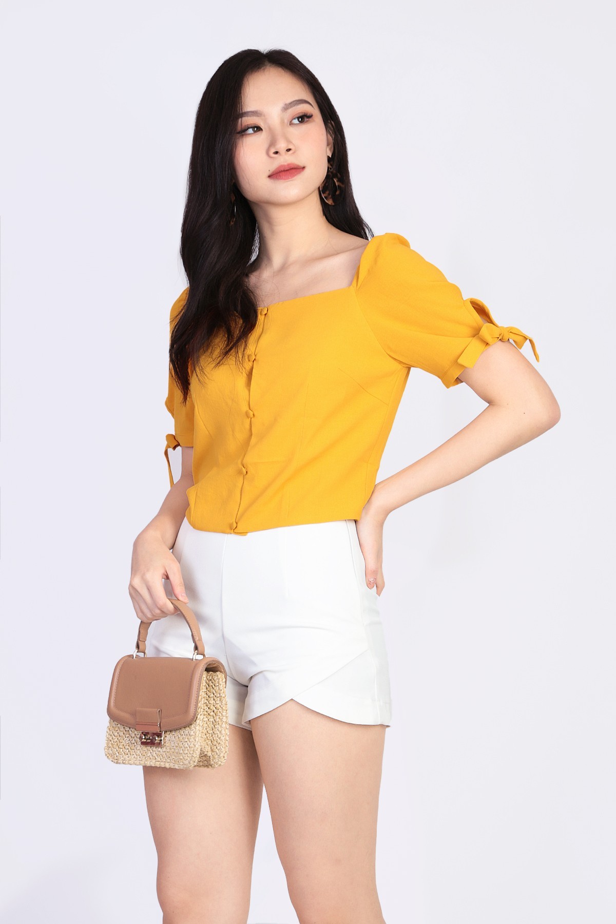 Reuben Button Puff Top in Mustard