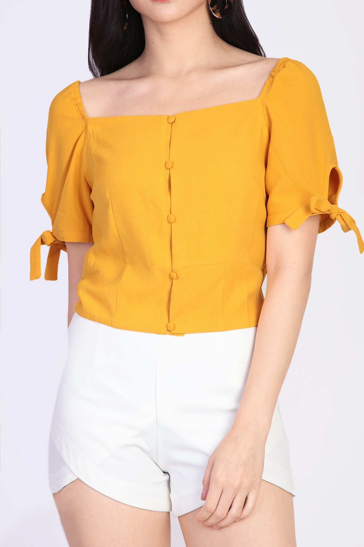 Reuben Button Puff Top in Mustard