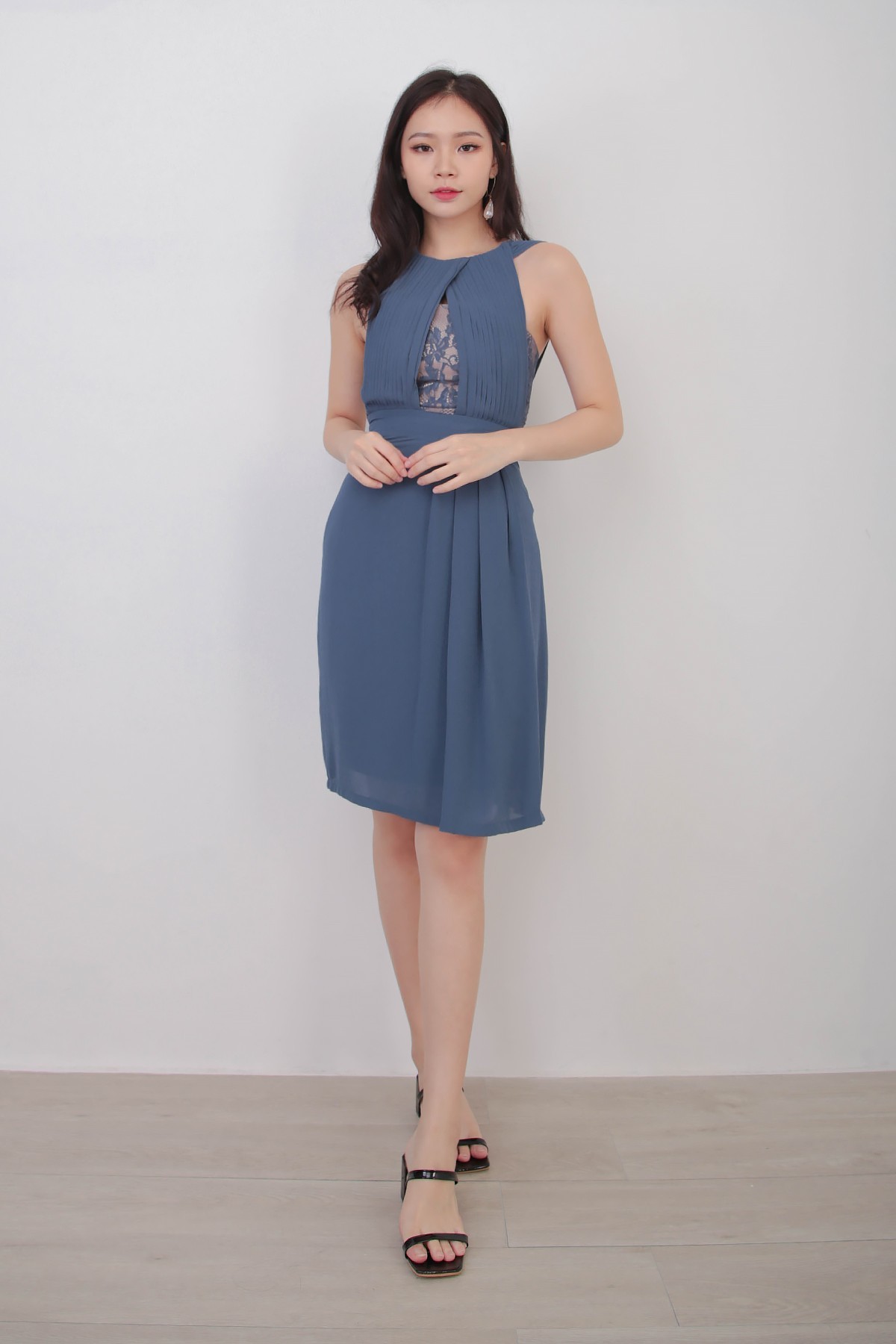 Allison Pleated Dress in Steel Blue