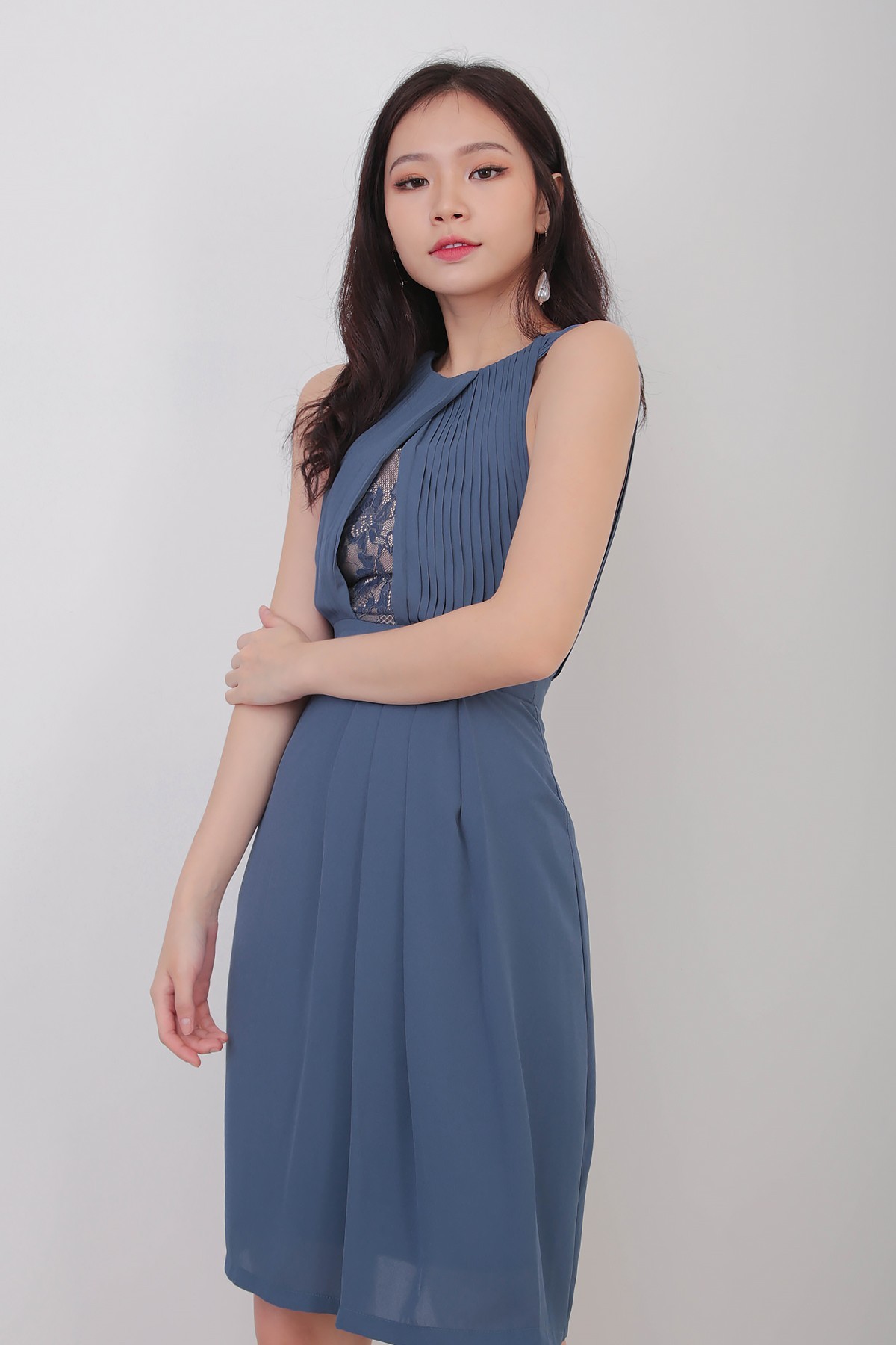 Allison Pleated Dress in Steel Blue