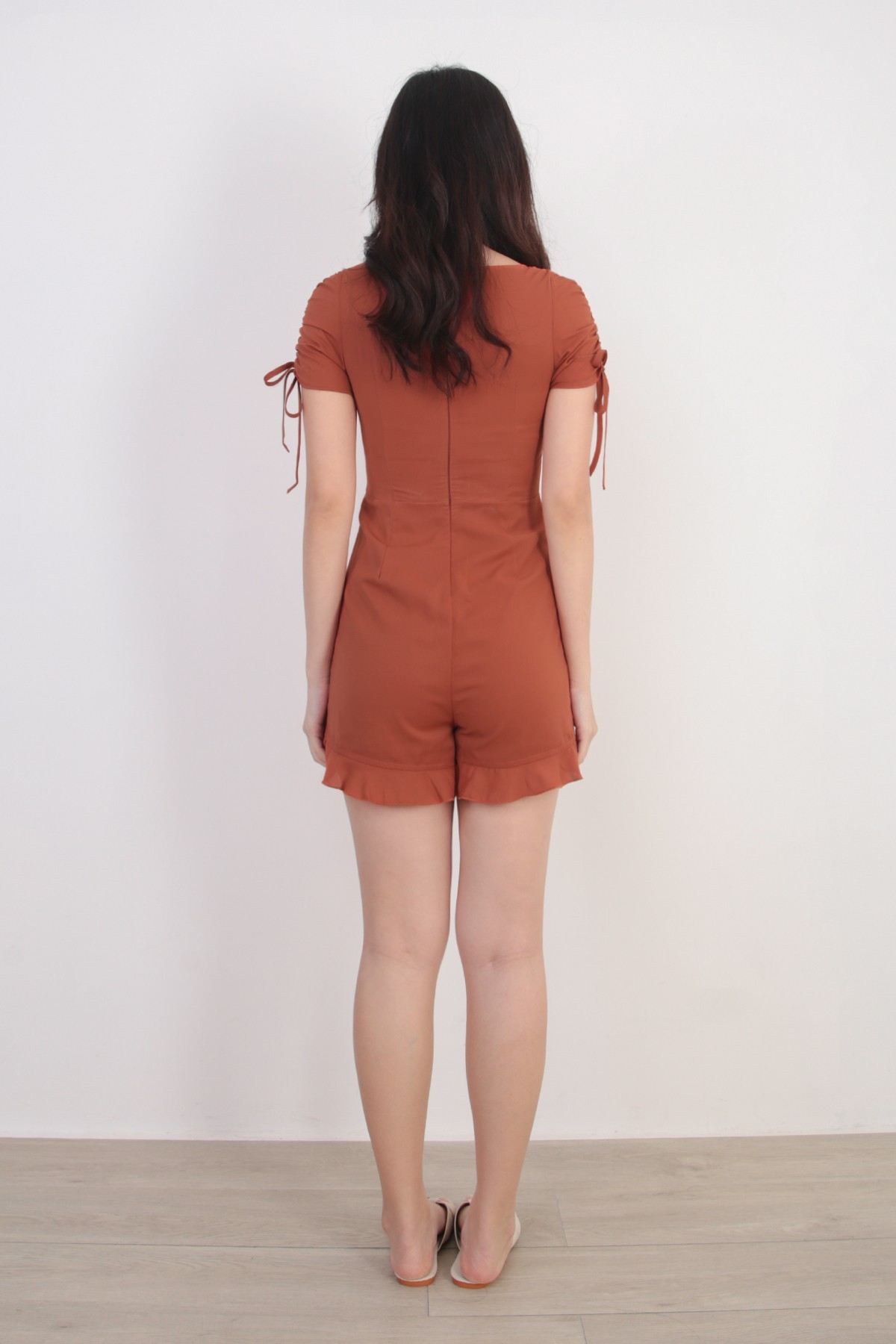 Aubree Ruched Romper in Burnt Orange
