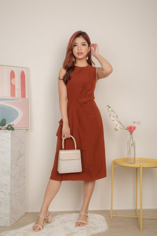 Carissa Pleated Workdress in Burnt Orange