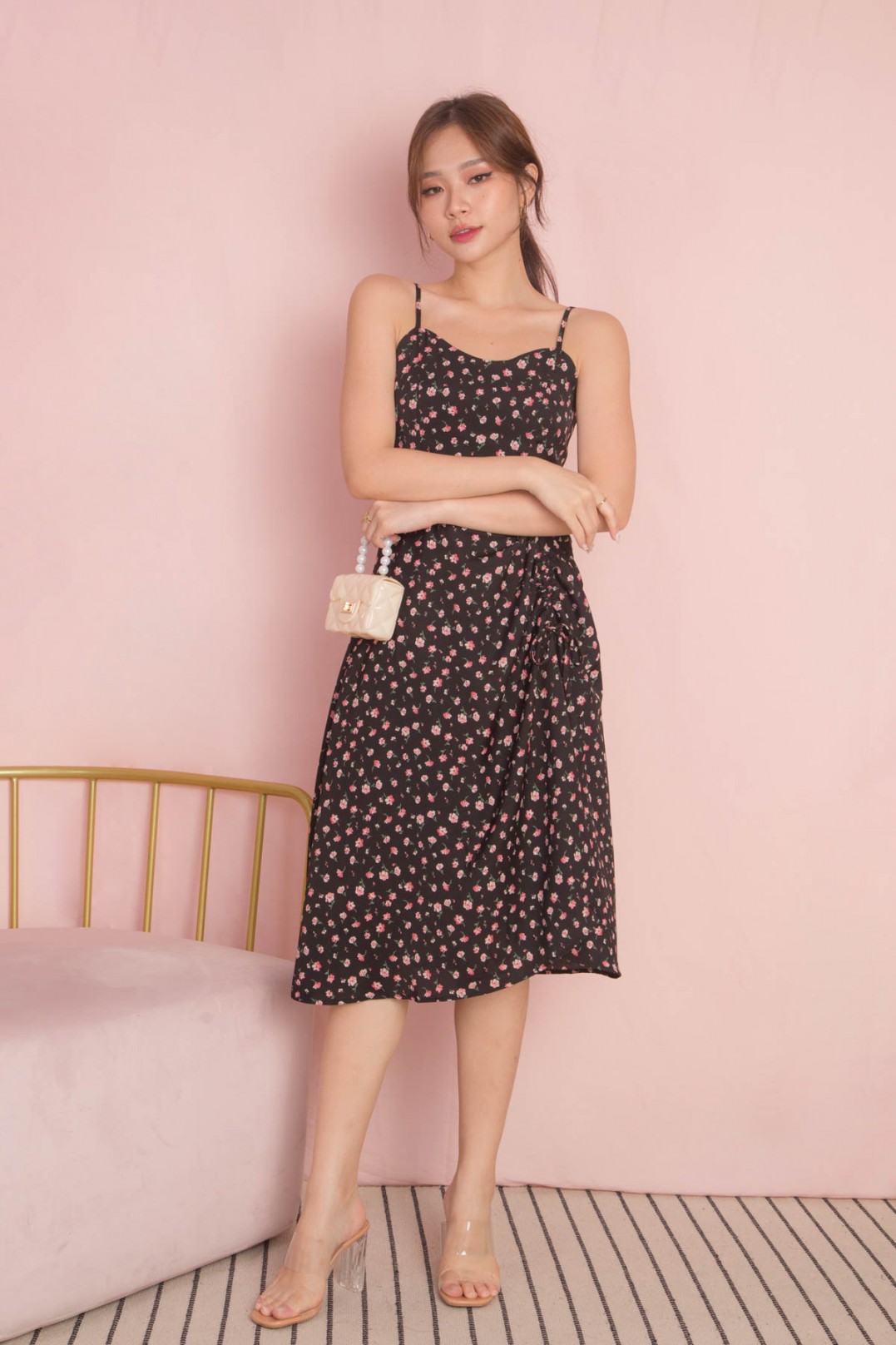 Nari Floral Ruched Dress in Black - MGP