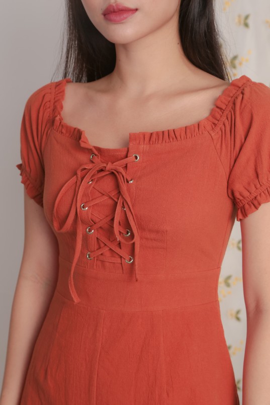Roselie Lace Up Romper in Burnt Orange