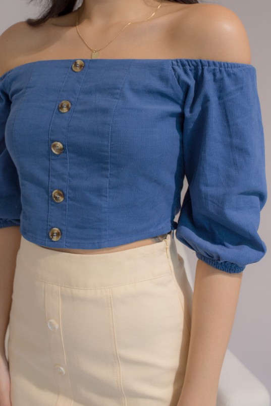 Tavia Off Shoulder Button Top in Blue