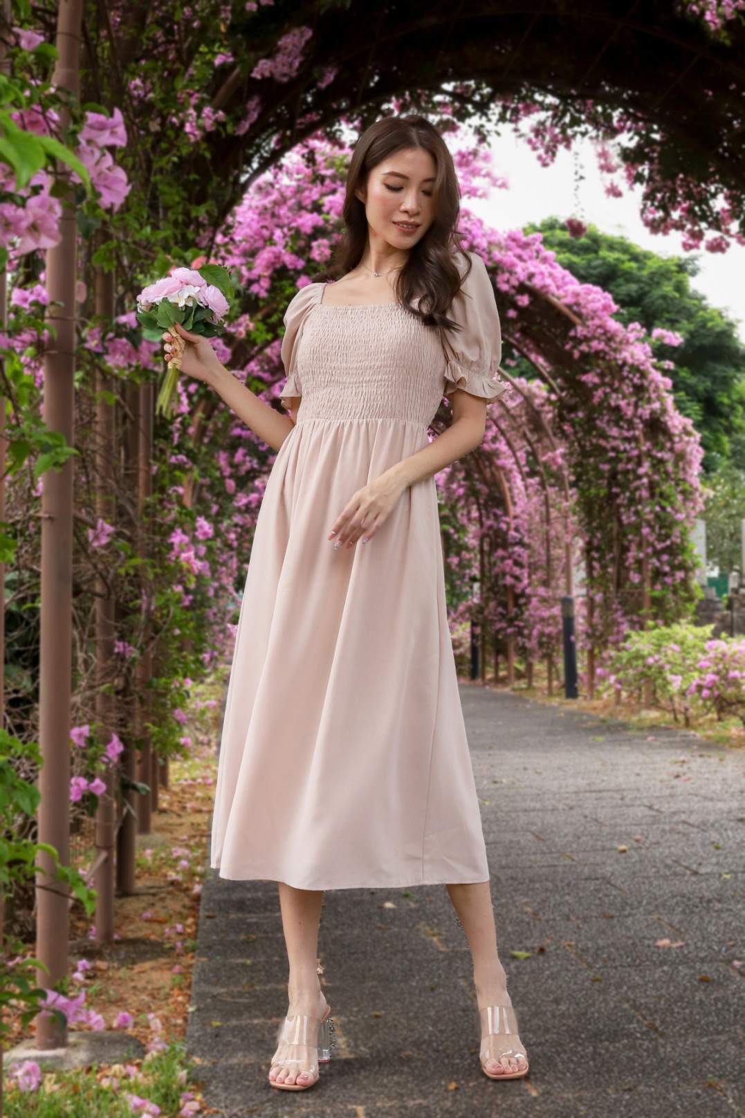 Jecia Smocked Midi in Cream - MGP