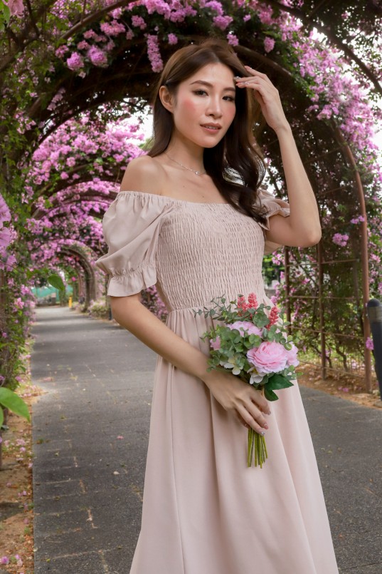 Jecia Smocked Midi in Cream