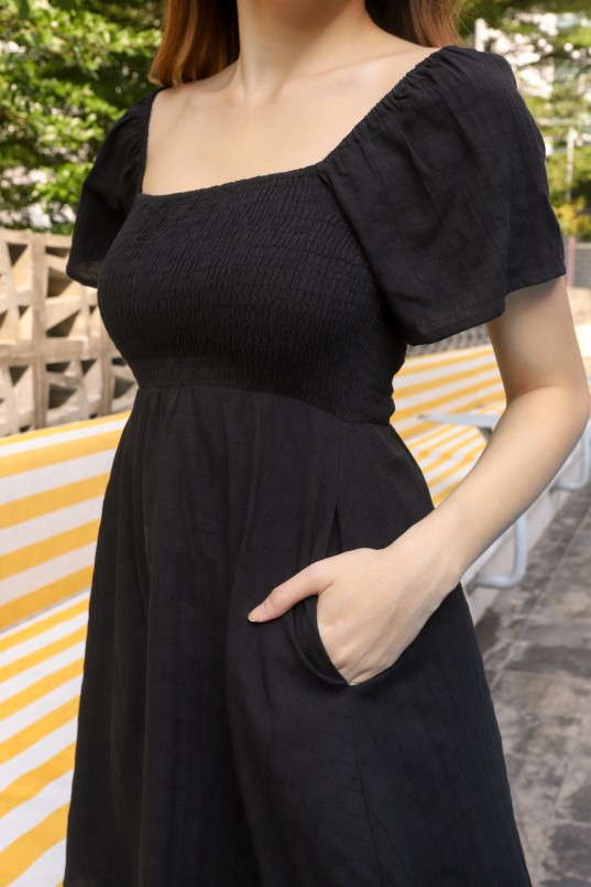 Edena Smocked Puff Dress in Black