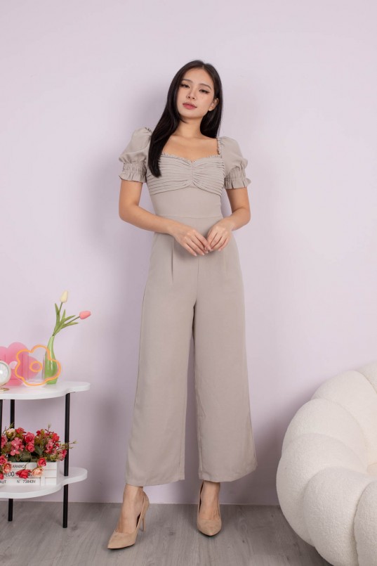Alanie Pleats Sweetheart Jumpsuit in Light Taupe