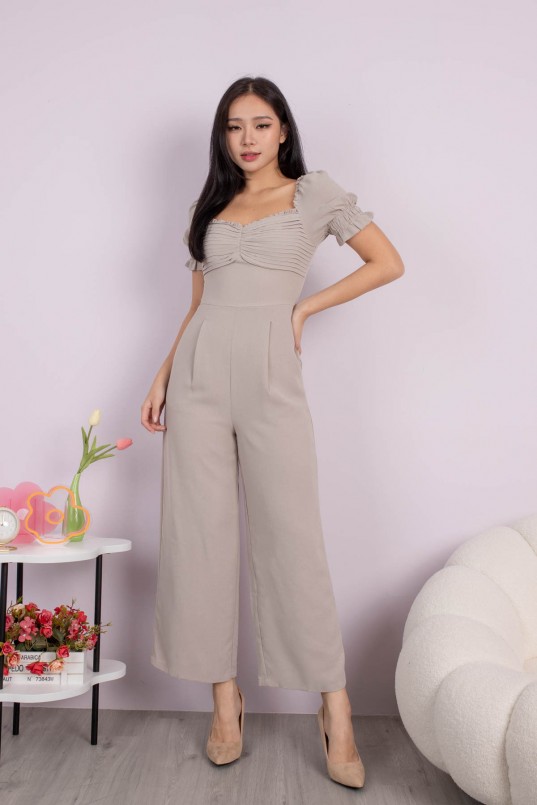 Alanie Pleats Sweetheart Jumpsuit in Light Taupe