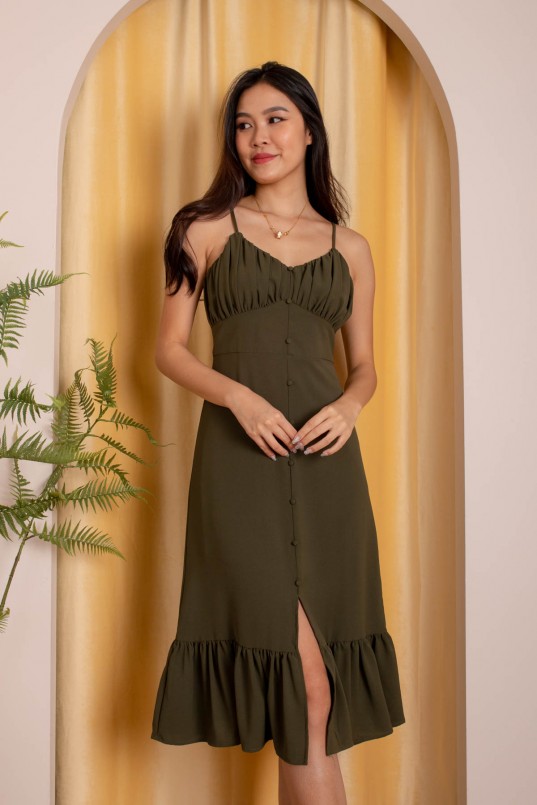 Beth Button Ruched Midi Dress in Olive