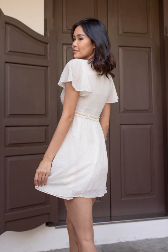 Vestya Swiss Dot Flutter Dress in Cream