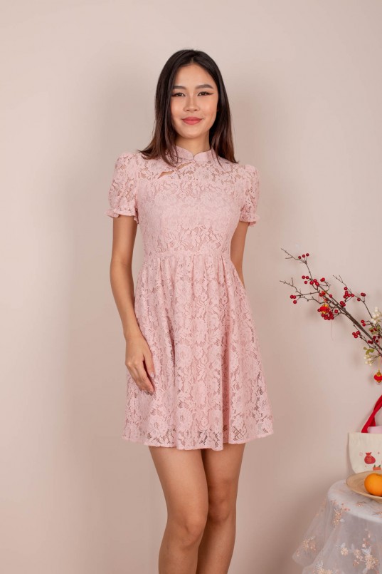 Geonna Lace A-Line Cheongsam in Blush