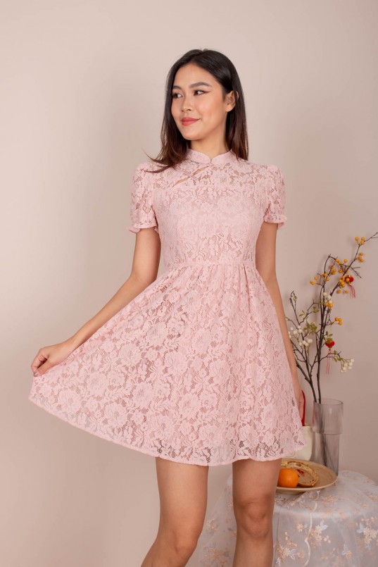 Geonna Lace A-Line Cheongsam in Blush