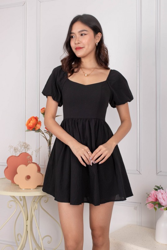 Winnie Textured Puff Dress in Black