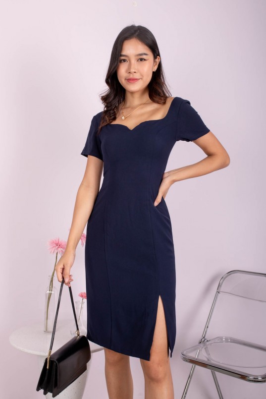 Fiora Notched Dress in Navy