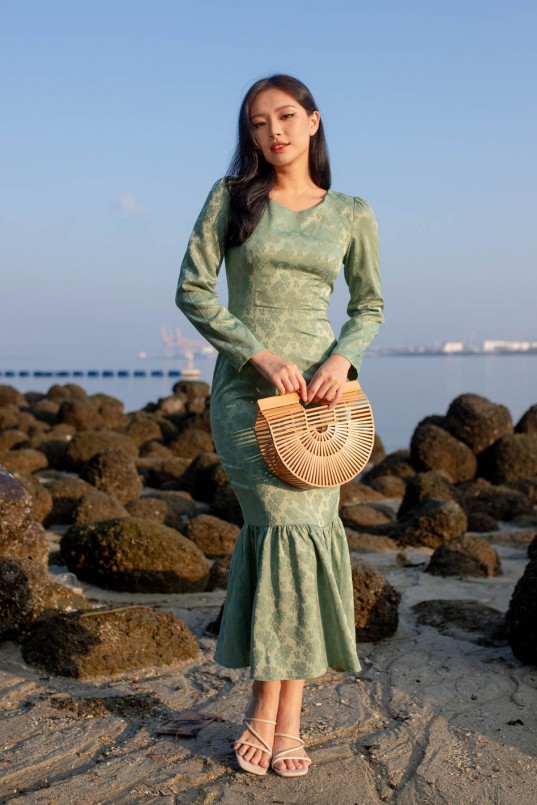 Samire Embossed Mermaid Maxi in Pistachio