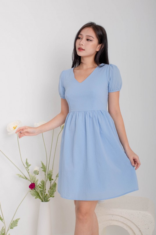 Jorah V-Neck Puff Dress in Blue