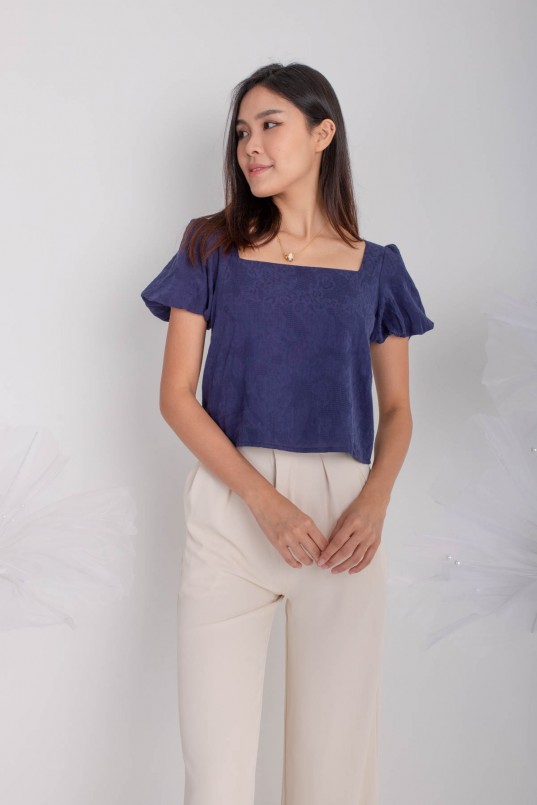 Darnie Square-Neck Puff Top in Navy