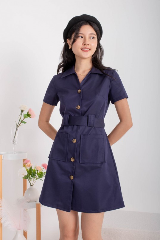 Ridge Collar Button Sash Dress in Navy