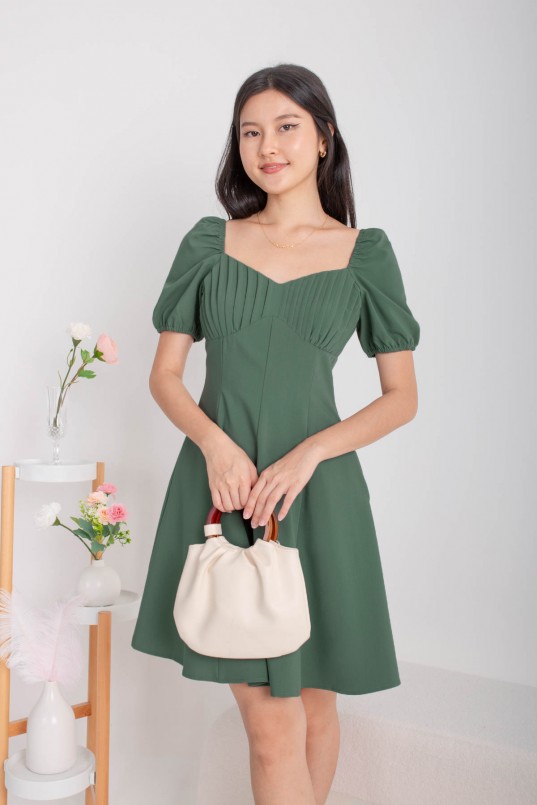 Sondrea Pleated Puff Dress in Seaweed