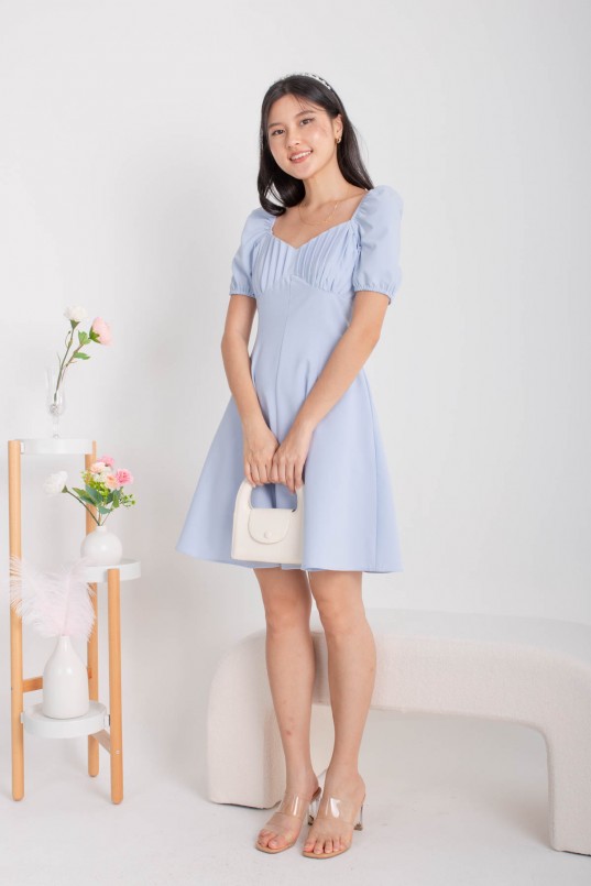 Sondrea Pleated Puff Dress in Blue