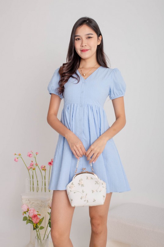 Cherlyn V-Neck Puff Dress in Blue