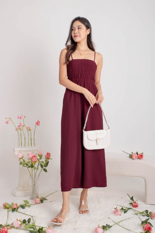 Sonnie Smocked Jumpsuit in Wine