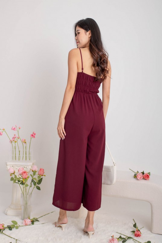 Sonnie Smocked Jumpsuit in Wine