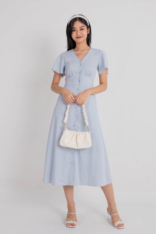 Jaycie Button Flutter Midi Dress in Blue