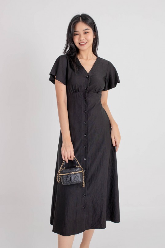Jaycie Button Flutter Midi Dress in Black