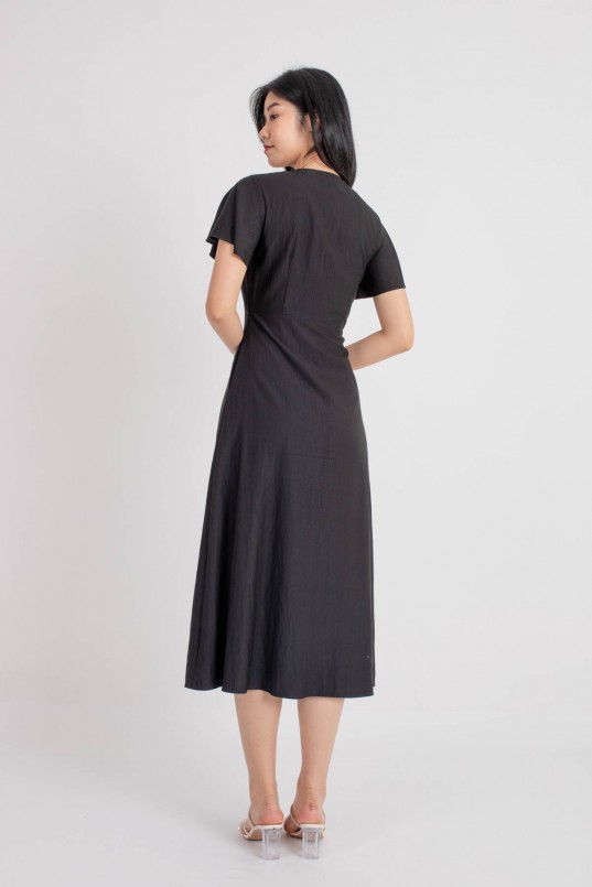 Jaycie Button Flutter Midi Dress in Black