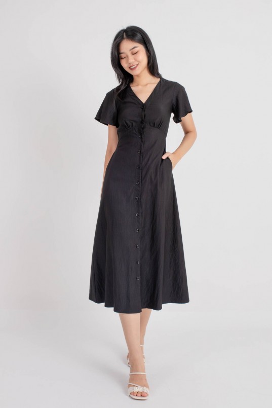 Jaycie Button Flutter Midi Dress in Black
