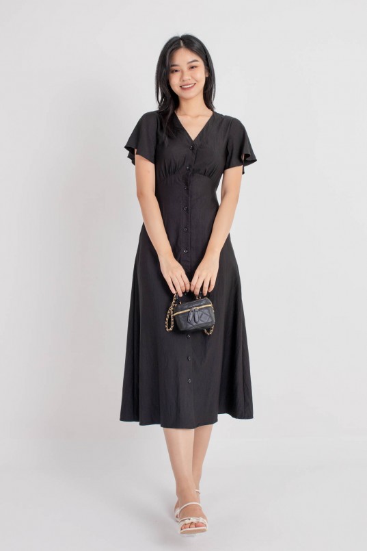 Jaycie Button Flutter Midi Dress in Black