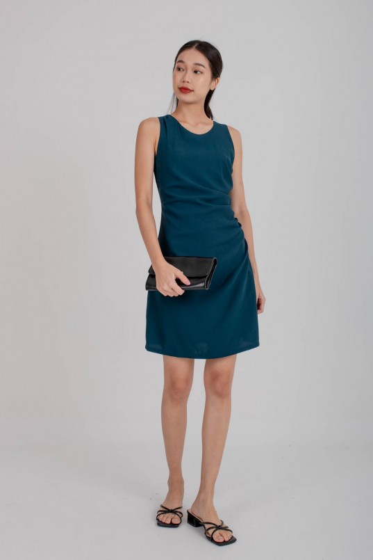 Joanne Ruched Racer Dress in Teal