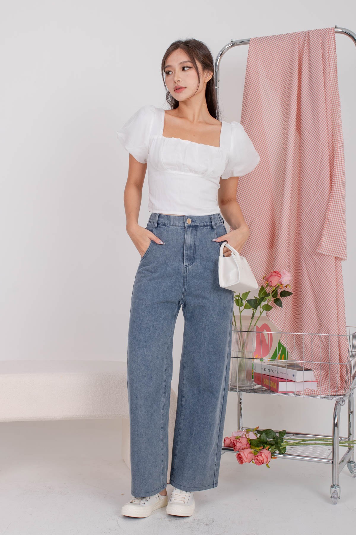 Emaya Ruched Puff Top in White