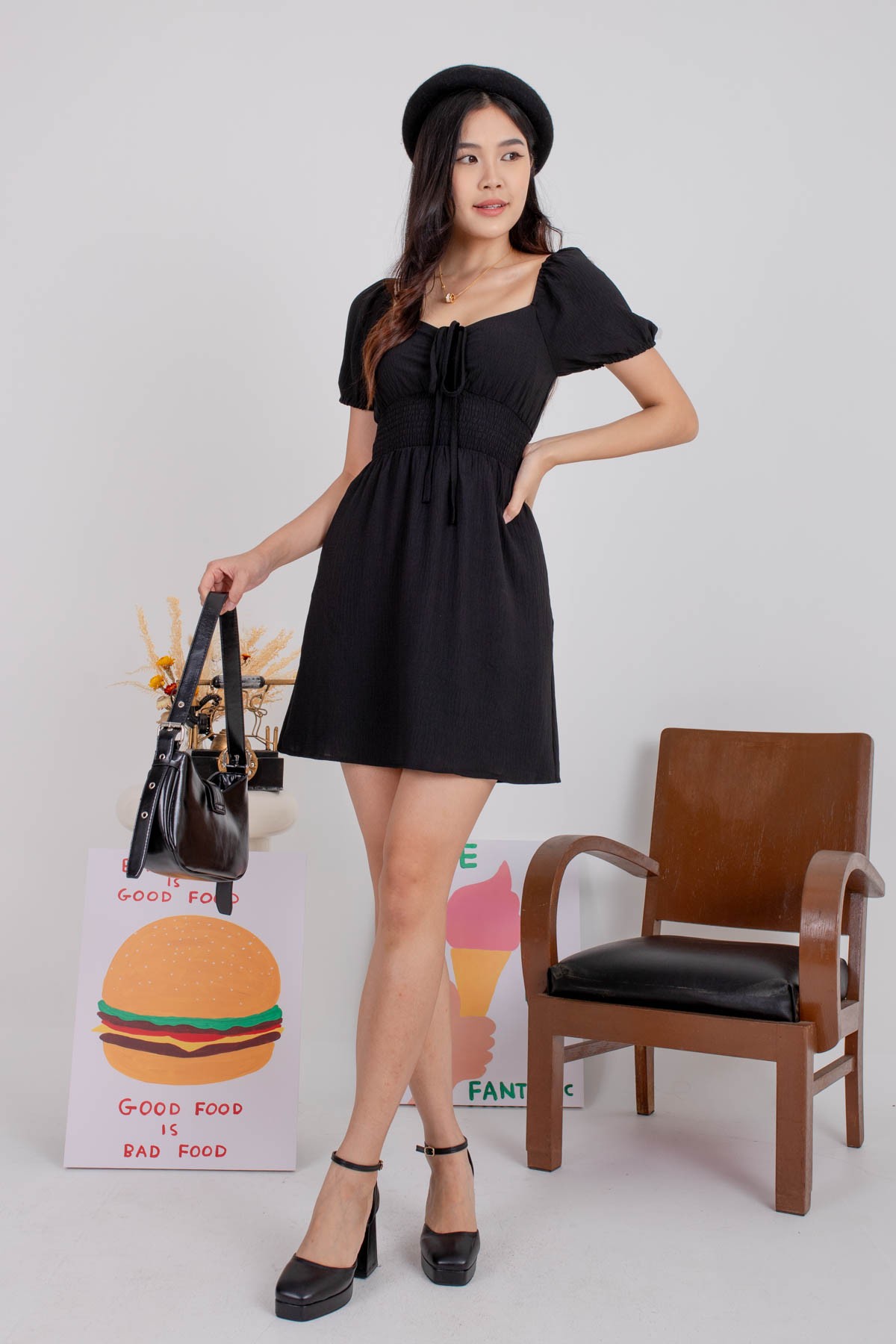 Edrie Ruched Puff Dress in Black