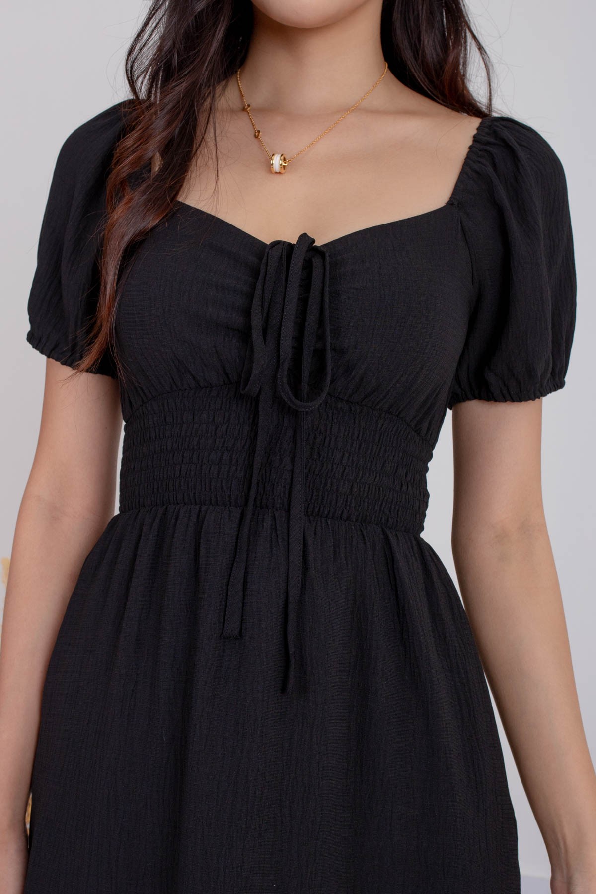 Edrie Ruched Puff Dress in Black