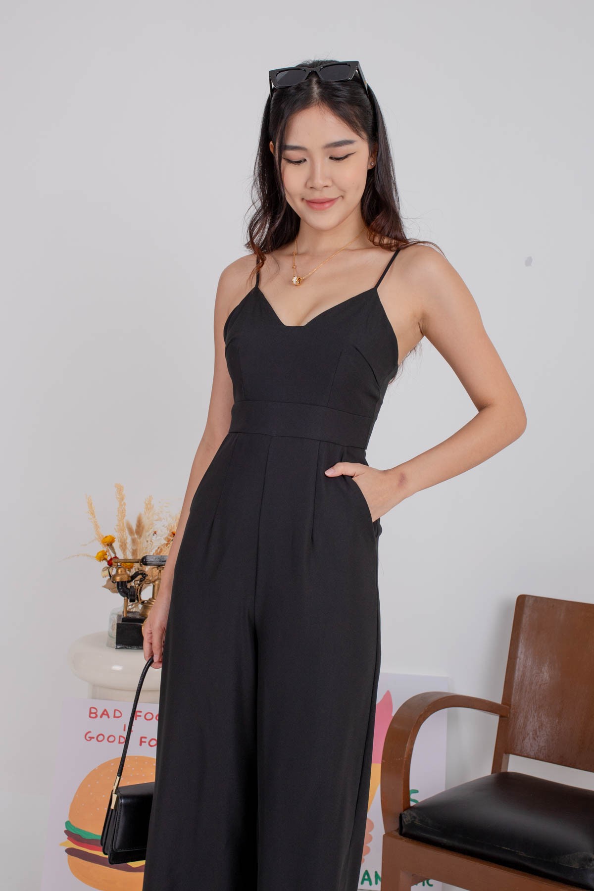 Kezanne Low-Back Padded Jumpsuit in Black