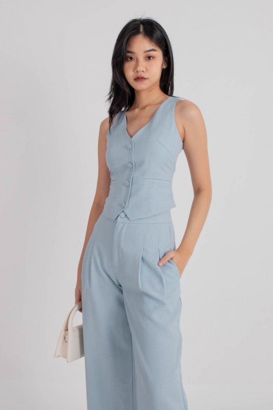 RESTOCK: Focus Button High Waist Pants in Blue