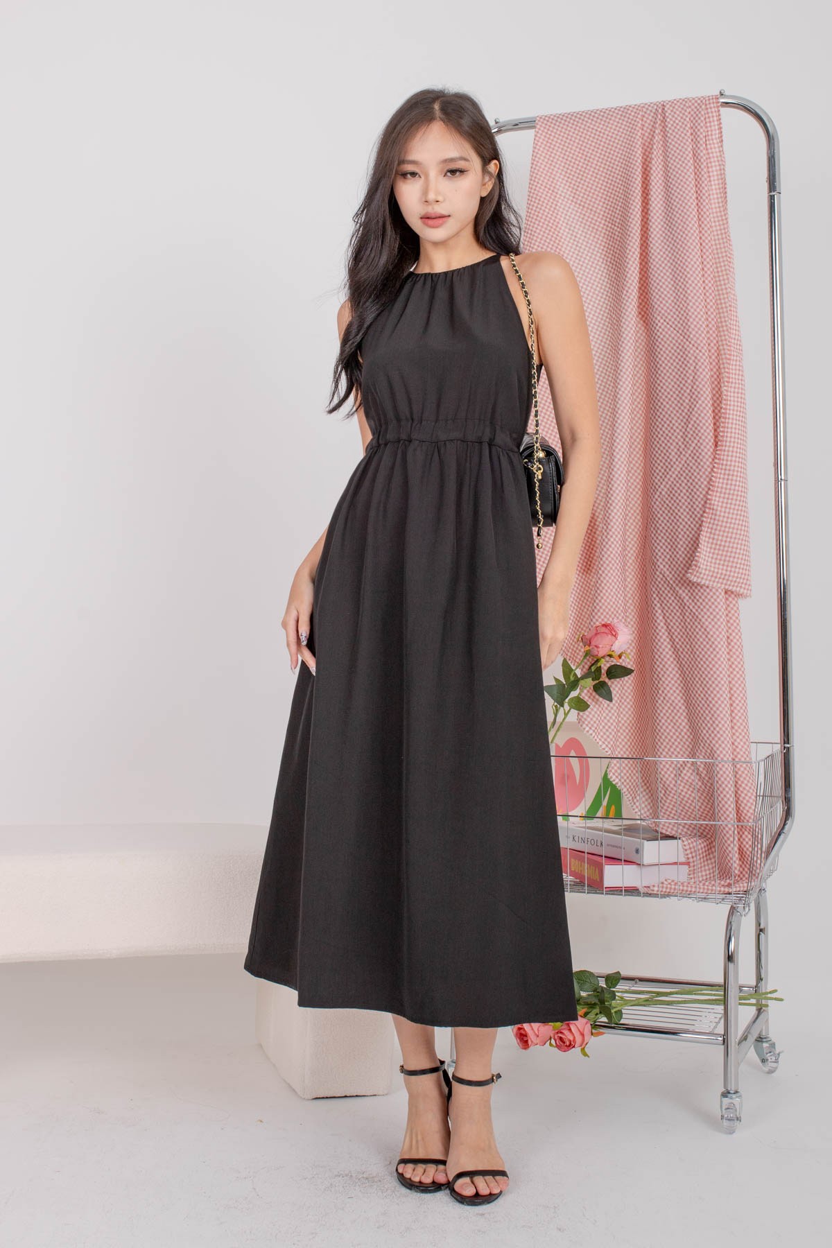 Dovian Halter Drawstring Dress in Black