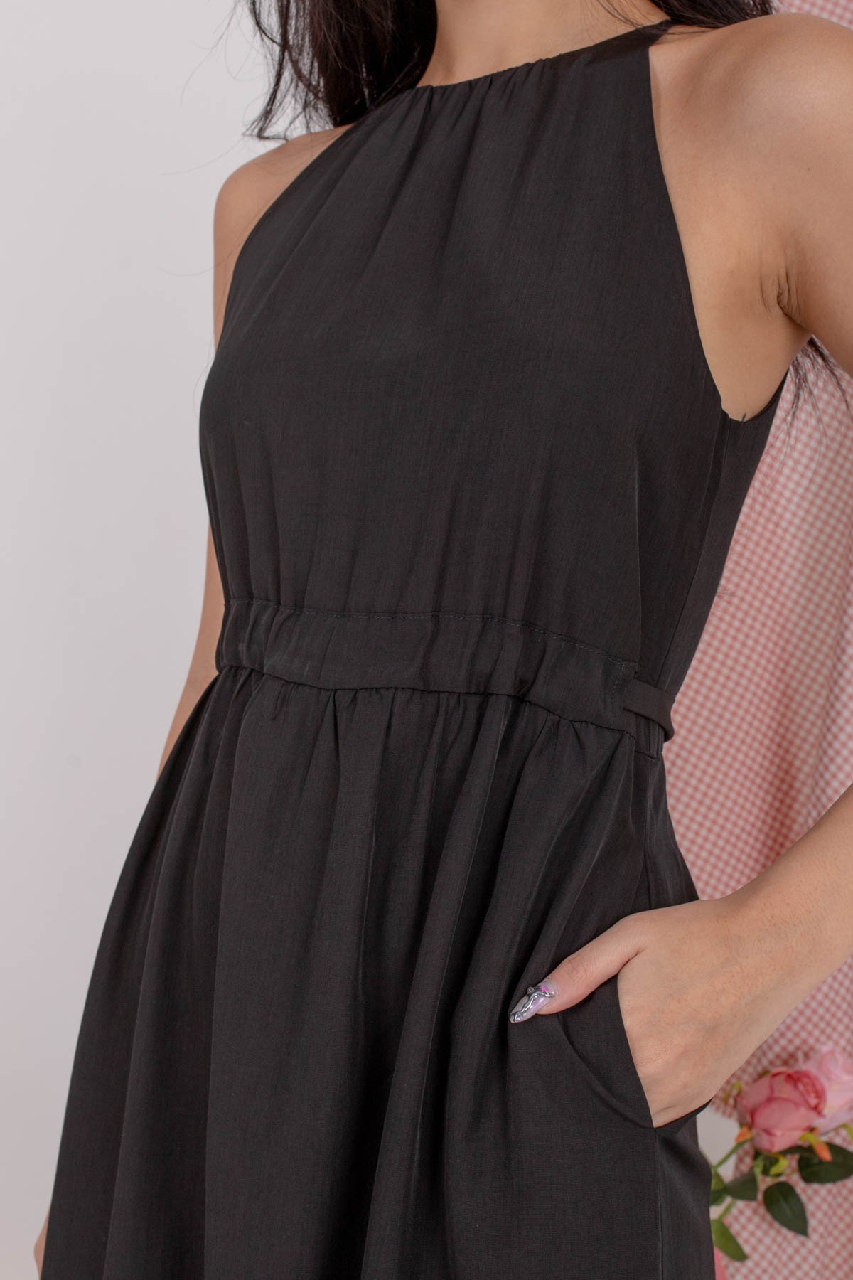 Dovian Halter Drawstring Dress In Black