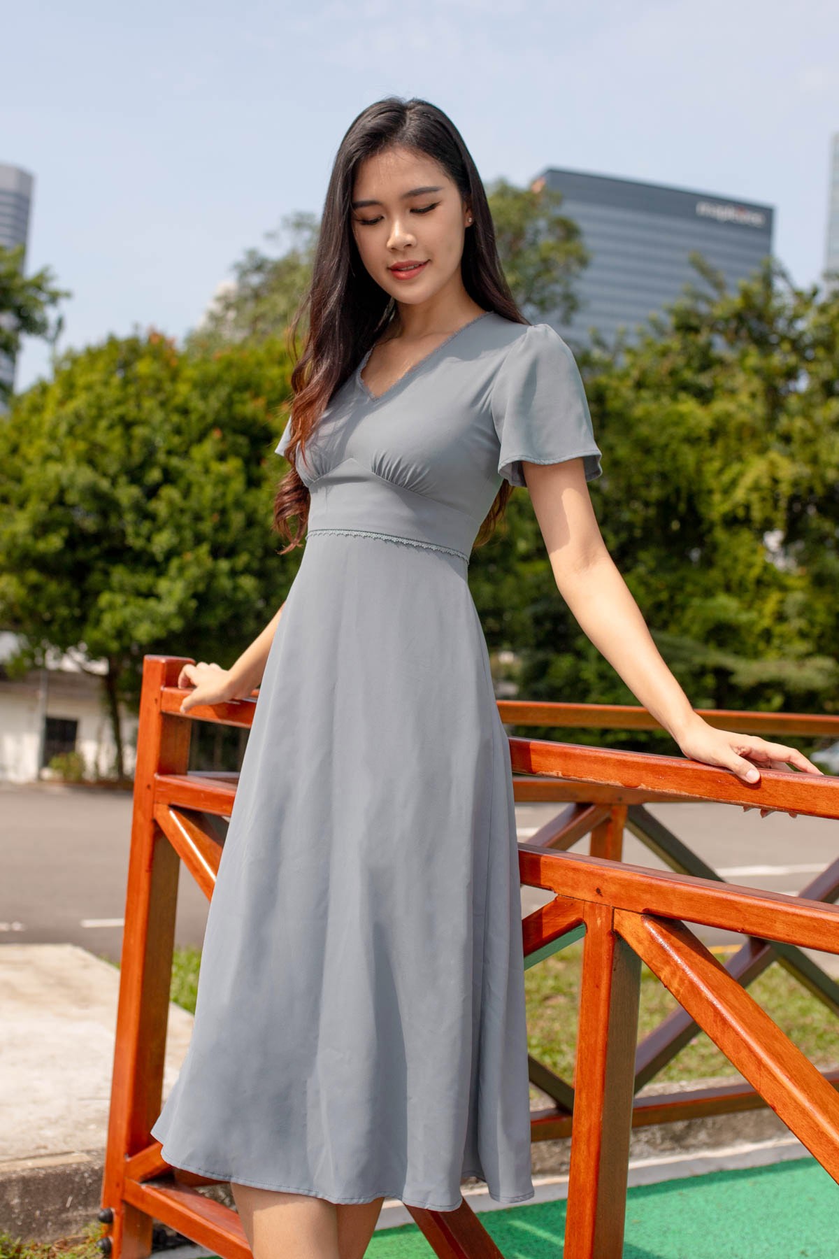 Sycamore Lace Trim V-Neck Dress in Blue