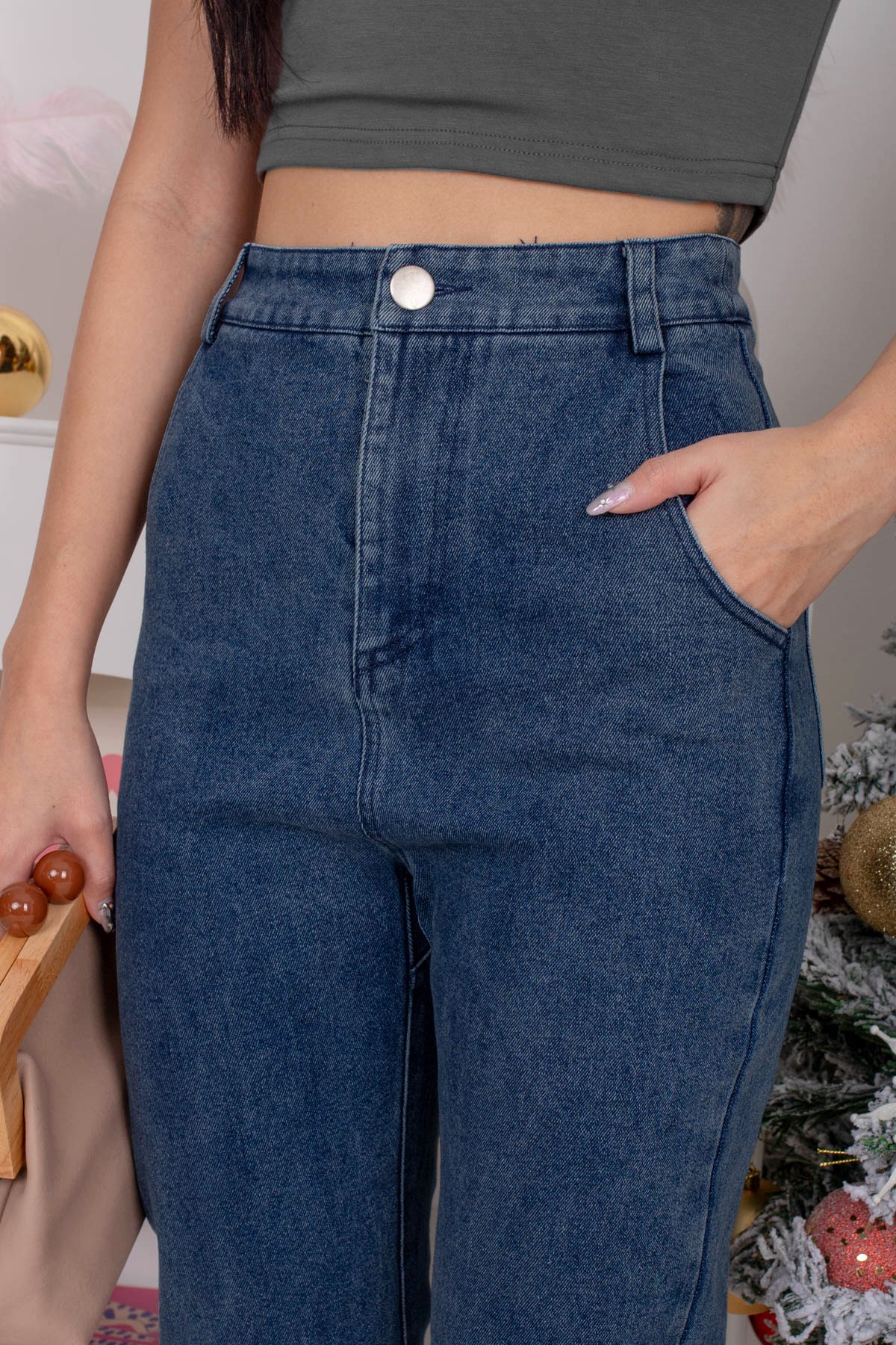 Dane High Waist Denim Pants in Dark-Wash