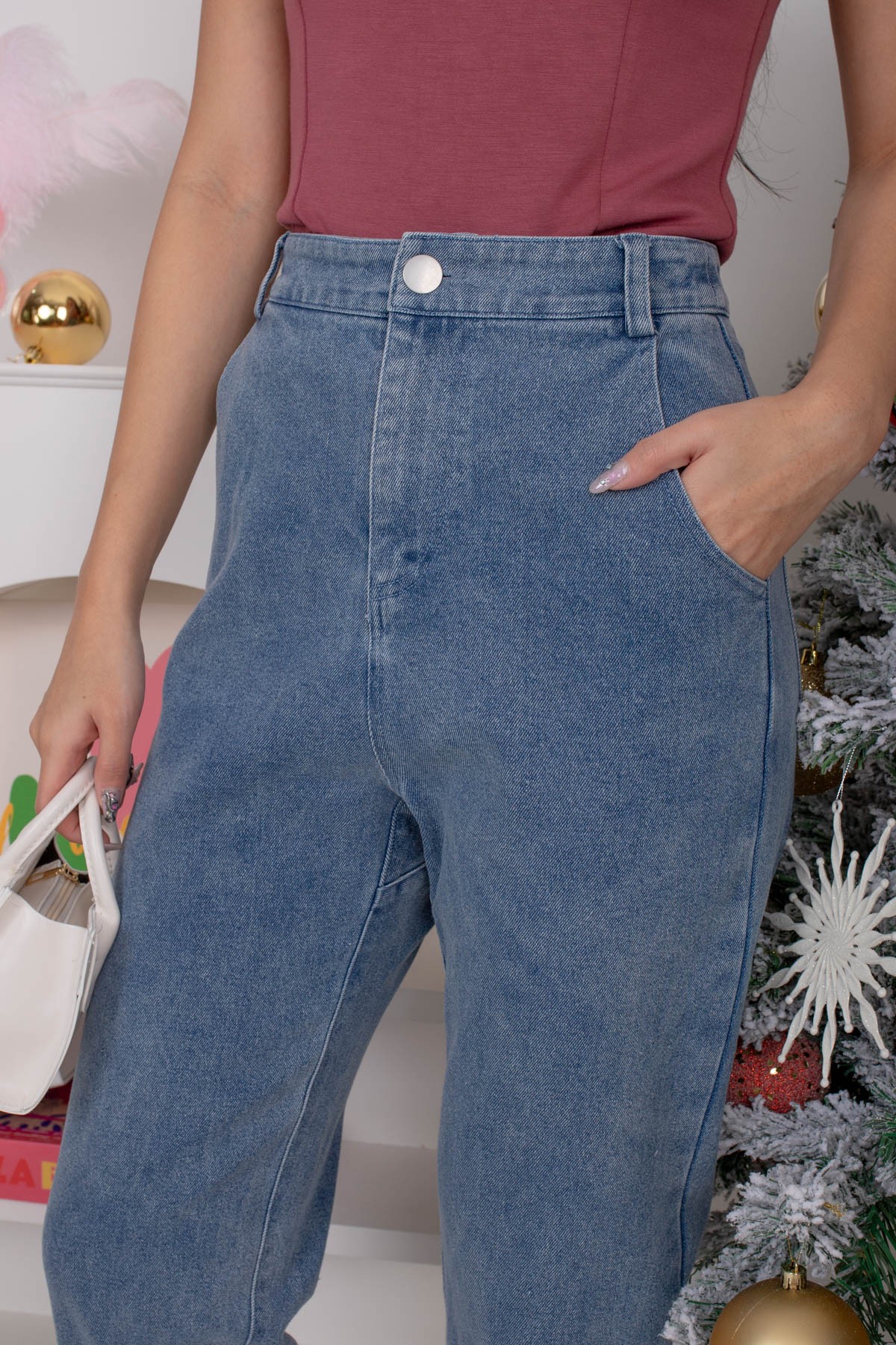 Dane High Waist Denim Pants in Mid-Wash